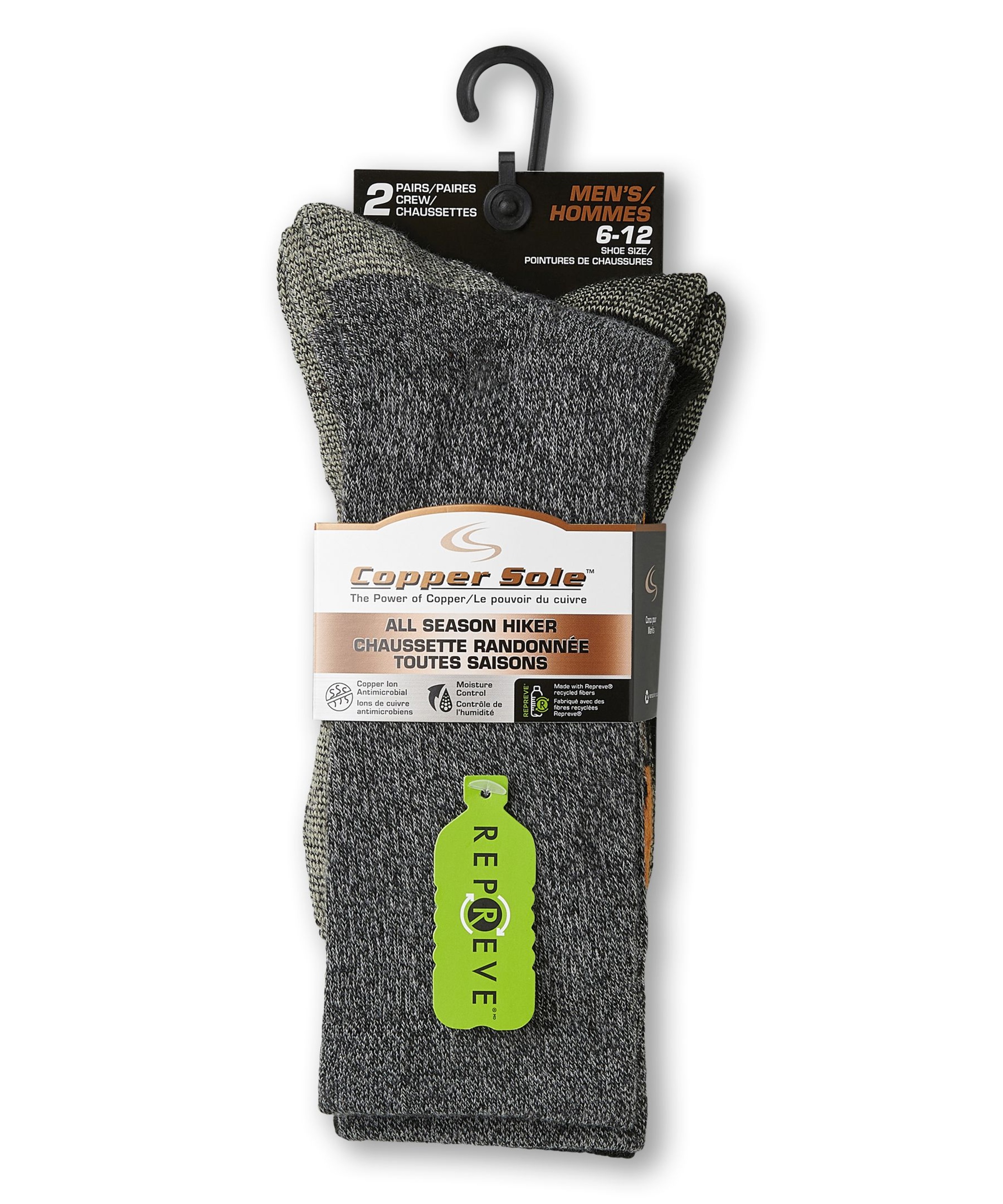 Copper Sole Mens 2 Pack Repreve Hiking Crew Socks Marks