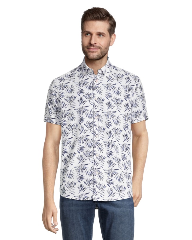 Report Mens 4 Way Stretch White Leaves Printed Shirt Marks